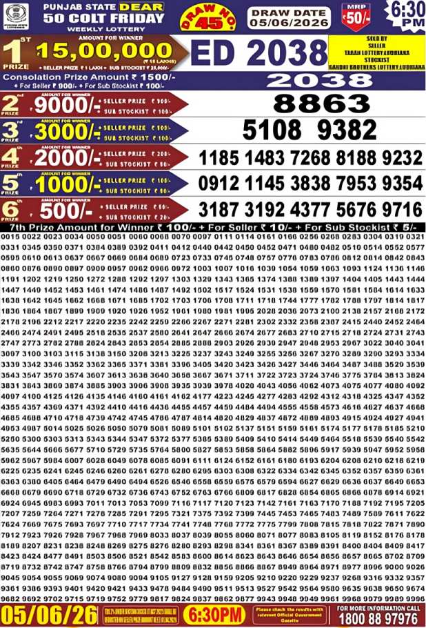 Punjab Dear 50 Colt Friday Lottery Result 05.06.2026 (6.30 PM)
